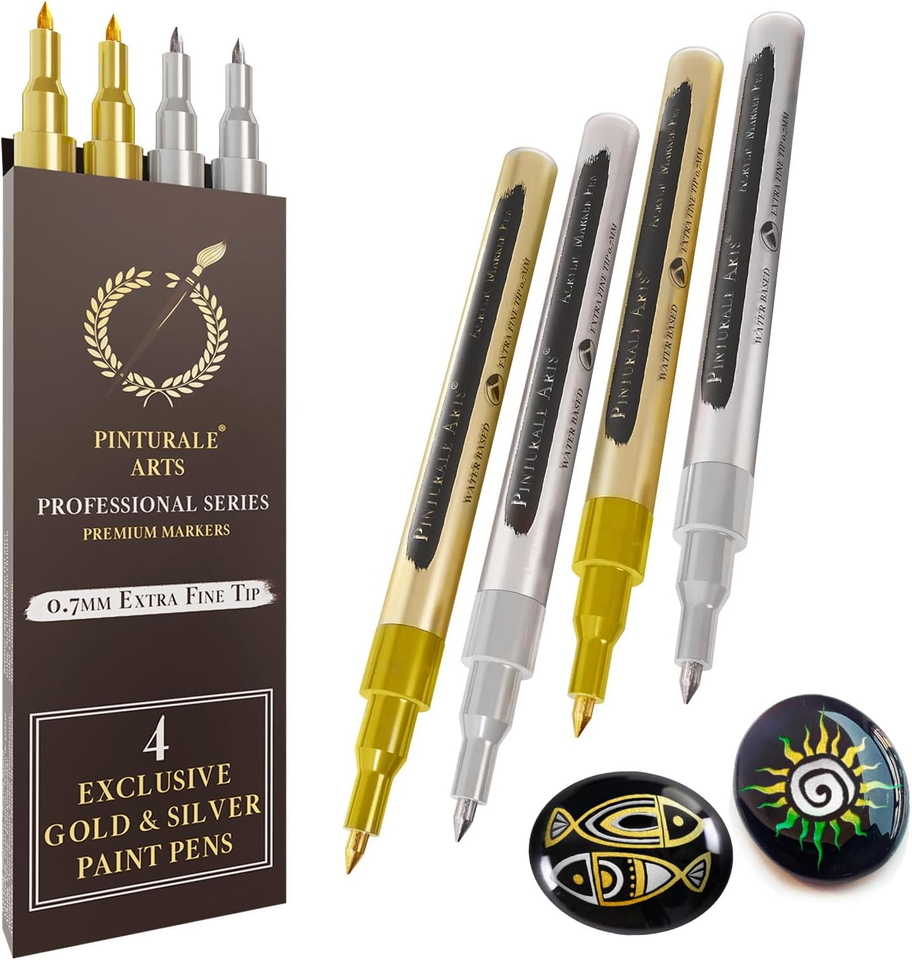4 Gold and Silver Paint Pens | Set 2 Gold + 2 Silver Metallic Acrylic ...