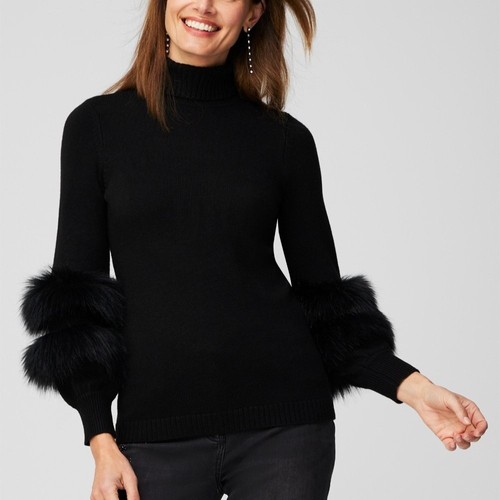 NWT Chicos Faux Fur-Trimmed Knit Turtleneck Sweater SZ 1/M Bishop Sleeves Black | eBay