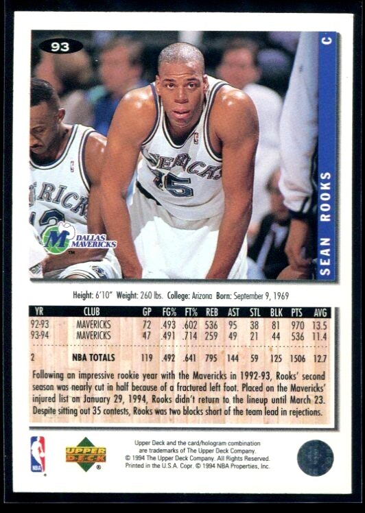 1994 Upper Deck Collector's Choice Sean Rooks #93 Dallas Mavericks | eBay