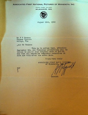 Associated First National Pictures Letterhead August 16 1922 Franchise ...
