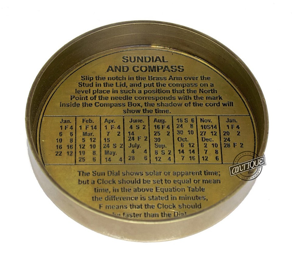 Brass Sundial Compass Nautical Antique Chart Engraved Sun-Clock Camping ...
