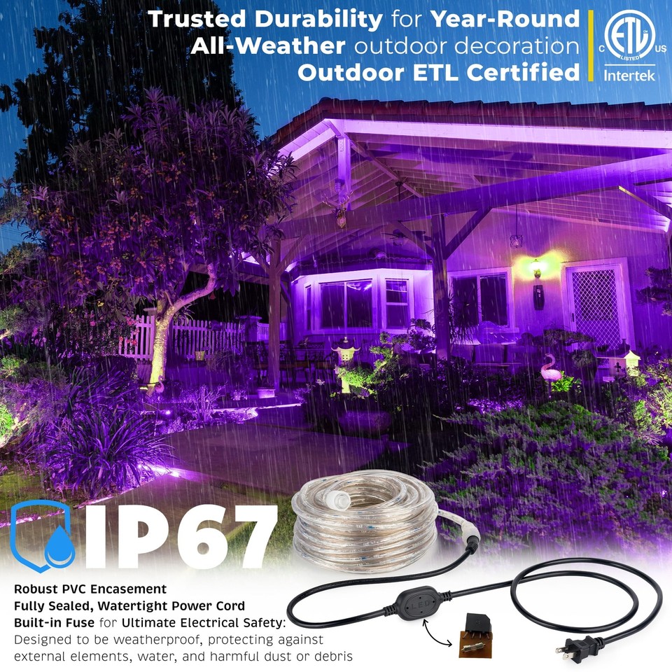 10' 20' 25' 50' 100' 150ft Outdoor LED Rope Light Water-Resistant ...