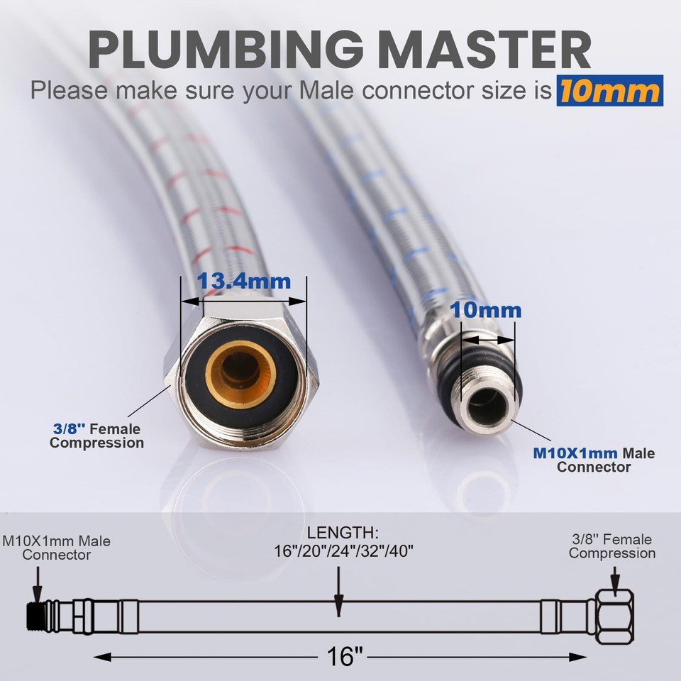 Supply Lines 3/8" Female Compression Thread × M10 Male Connector 1 Pair ...