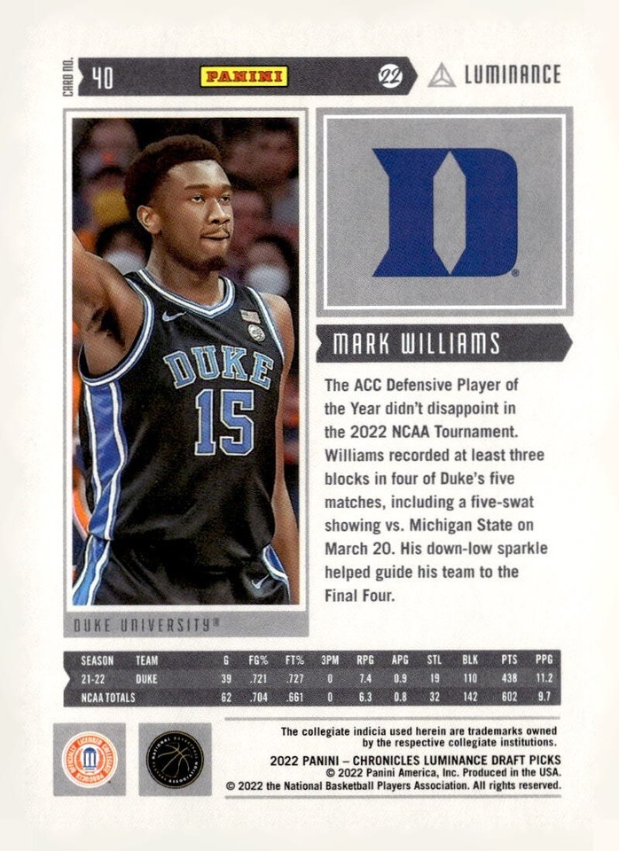 BK Mark Williams 2022-23 Panini Chronicles Draft Picks Luminance #40 | eBay
