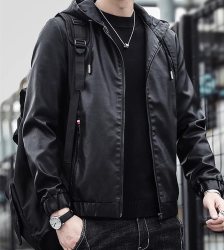 Mens Real Black Leather Bomber Hoodie Jacket Sports Fitted Zip Fasten ...