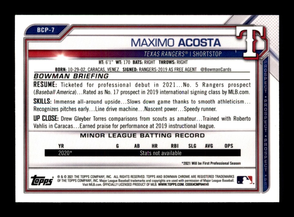 2021 1st Bowman Chrome Maximo Acosta #BCP-7 Texas Rangers Baseball Card ...
