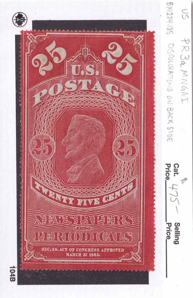 MATT'S STAMPS US SCOTT #PR3a, 25-CENT NEWSPAPER STAMP, MHNGAI, CV $475 ...