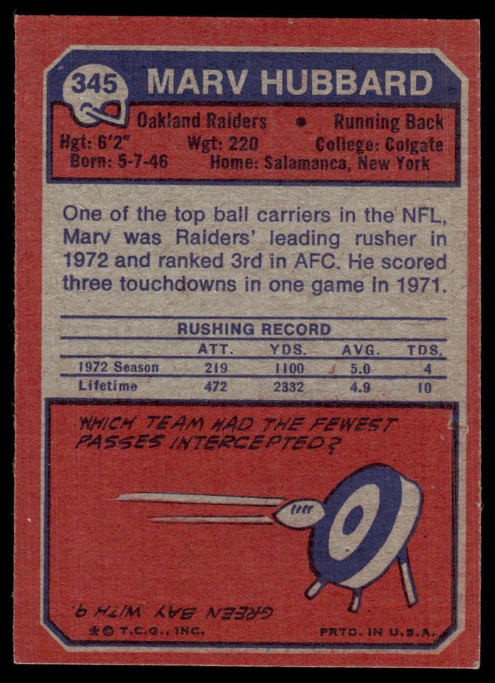 1973 Topps Marv Hubbard #345 Oakland Raiders Football Card | eBay