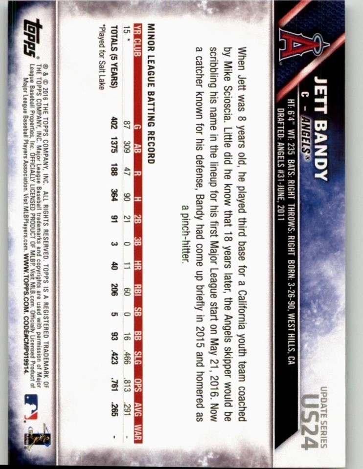 2016 Topps Update Jett Bandy Rookie #US24 RC Los Angeles Angels | eBay