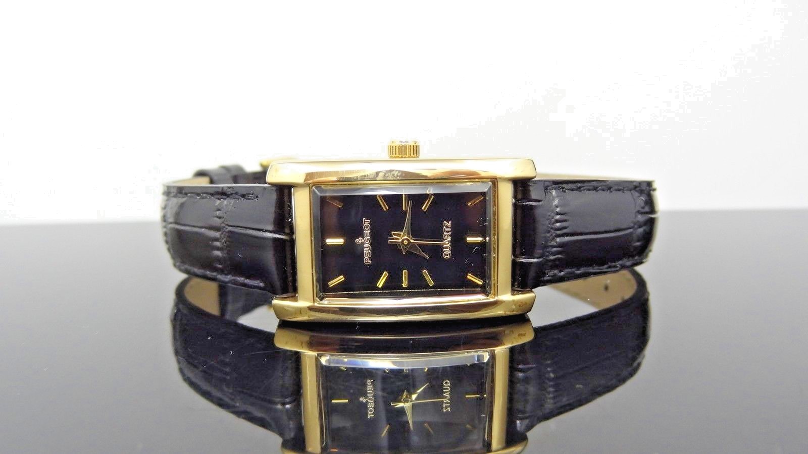 Peugeot 3007 Black Dial & Leather Band Gold Tone Rectangle Women's ...