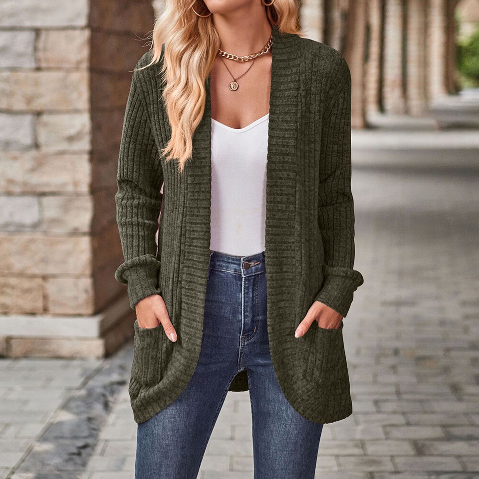 Women Ribbed Cardigan Sweater Long Sleeve Coat Jumper Solid Baggy ...