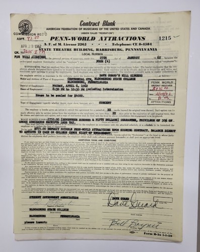 ORIGINAL PERFORMANCE CONTRACT DAVE GUARD & HIS WHISKEYHILL SINGERS 1962 ...