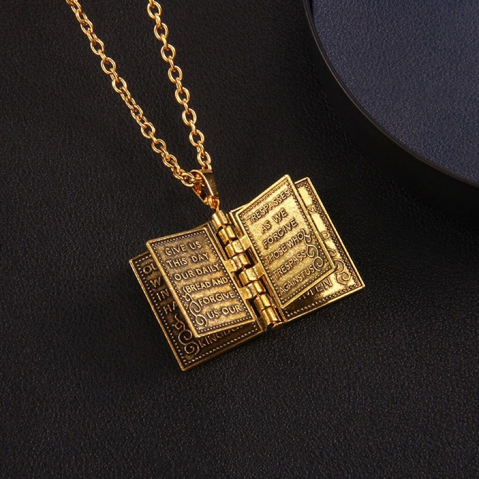 Gold Holy Bible Pendant Lord's Prayer Necklace Chain Catholic Jewelry ...