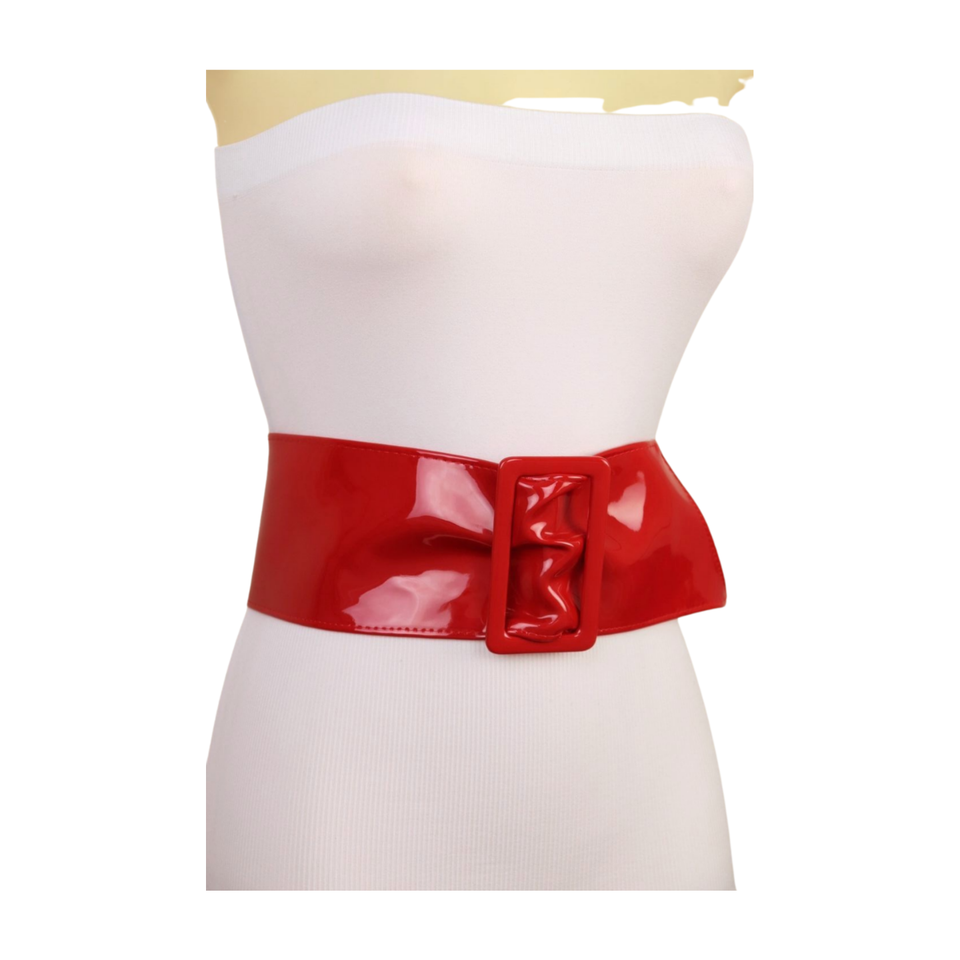 Women Red Faux Patent Leather Wide Statement Fashion Belt Big Buckles ...