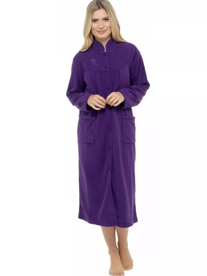 Lady Olga Ladies Daisy Button Through Fleece Dressing Gowns Size 10-28 ...