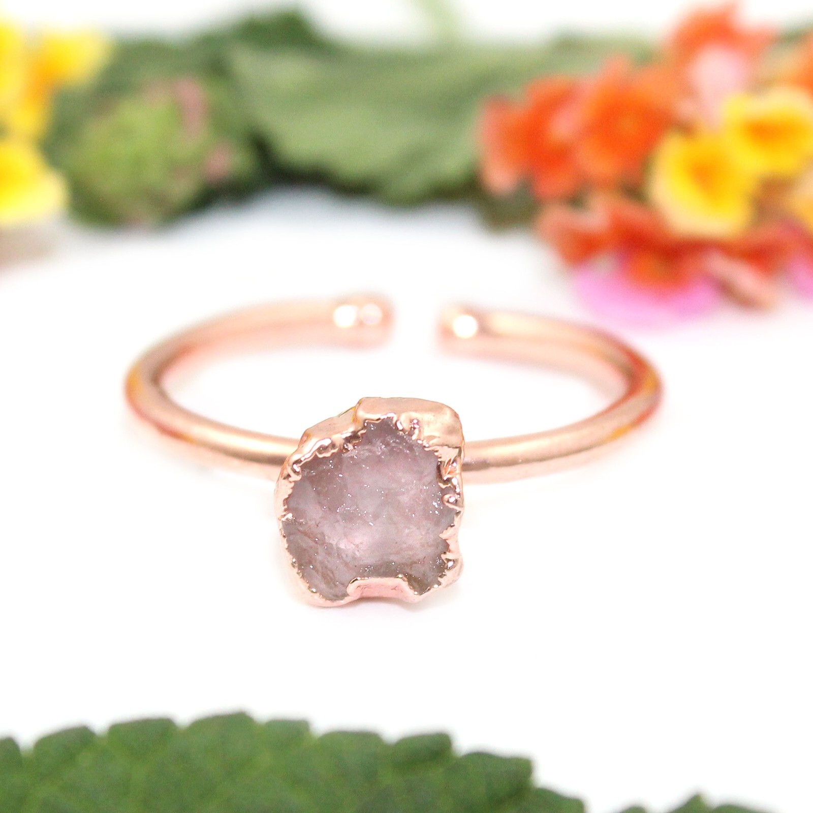 Natural Raw Rose Quartz Birthstone Rose Gold Electroplated Rings Gifts ...