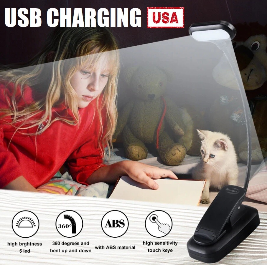 Small Table LED Reading Book Light USB Rechargeable Flexible Clip Desk ...