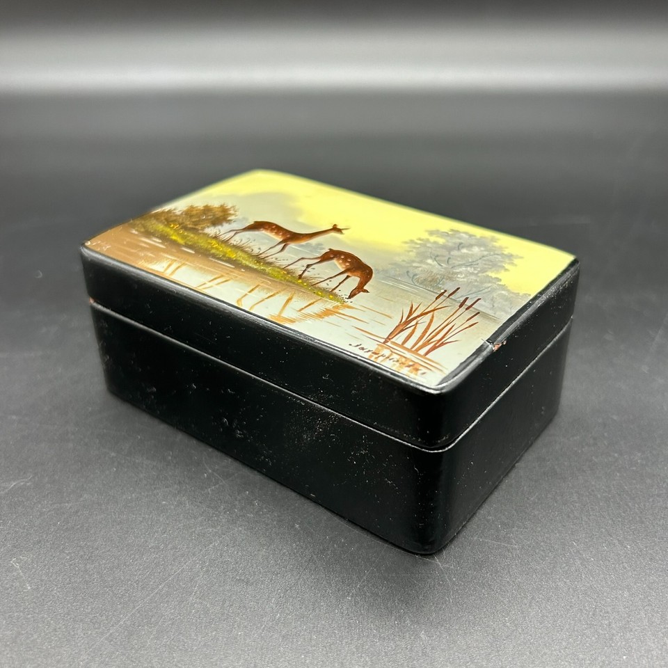 Vtg Russian Fedoskino Folk Art Lacquer Hand Painted Deer Wood Trinket ...