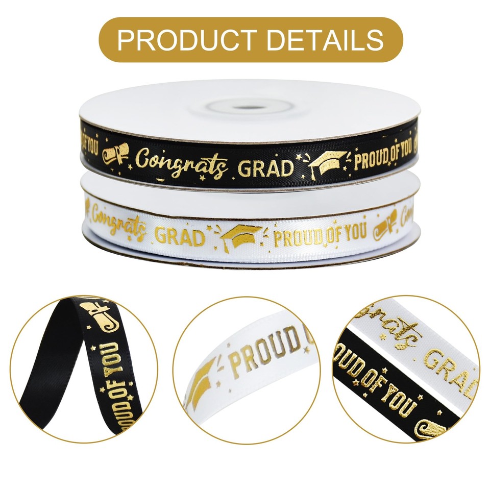 2 Rolls Graduation Ribbons 3/8 Inch 10 Yards/roll White/Black Congrats ...