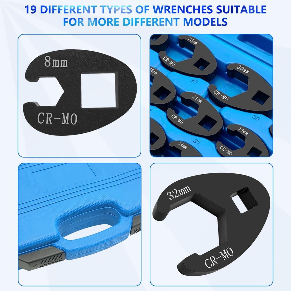 19PCS Flare Nut Crowfoot Wrench Set Metric Crows Foot Wrench Kit 3/8" 1 ...