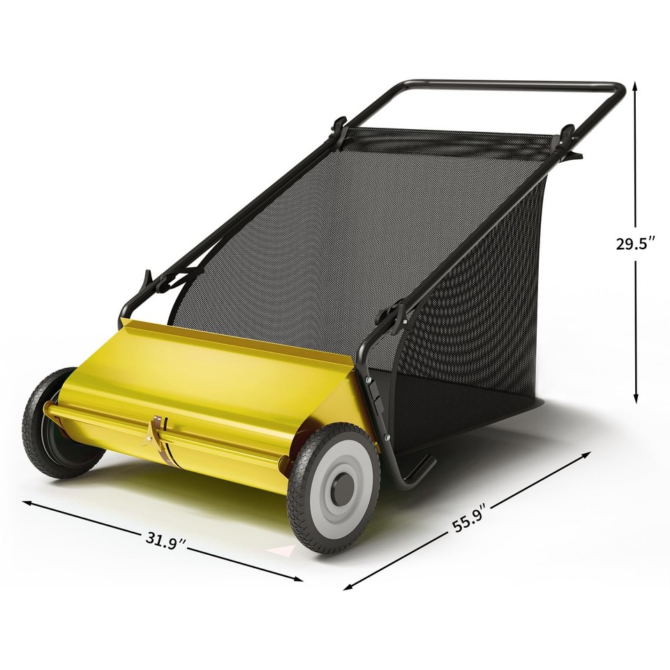 26" Push Lawn Sweeper Heavy Duty 4-Brush Yellow Yard Cleanup w/ Bag ...