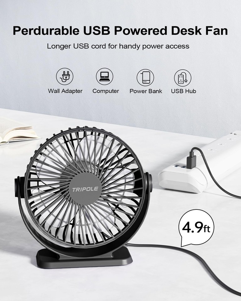 Small Desk Fan USB Powered Portable Fan 3 Speeds Strong Airflow Mini ...