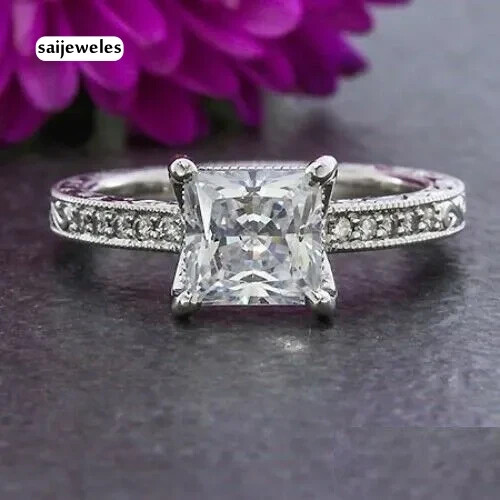 Lab Created 3CT Princess Cut Diamond Vintage Engagement Ring 14K White ...