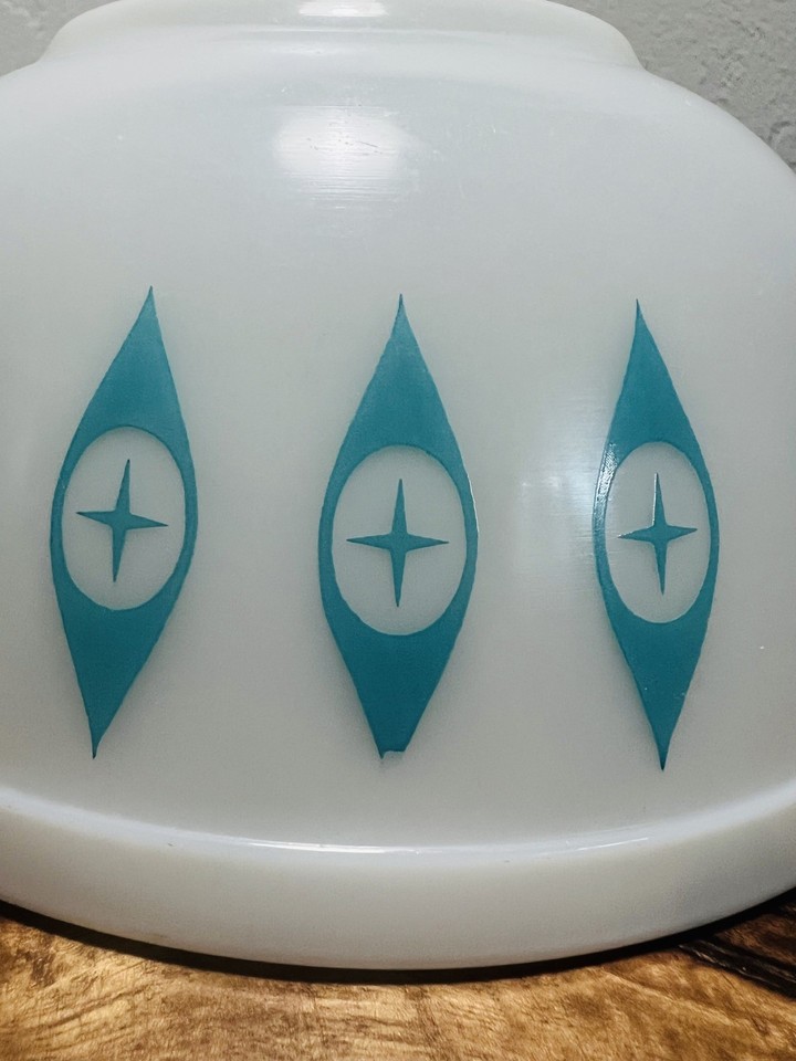 Vtg Atomic Eyes Pyrex Mixing Bowl MCM 1950s Unmarked White & Turquoise ...
