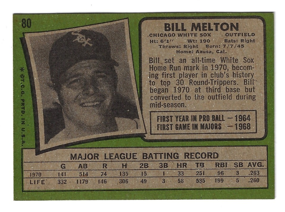 VINTAGE 1971 TOPPS BASEBALL CARD #80 BILL MELTON CHICAGO WHITE SOX NM ...