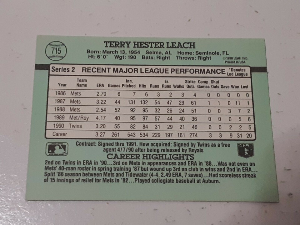 Terry Leach Minnesota Twins 1991 Donruss Autograph Card #715 READ ...