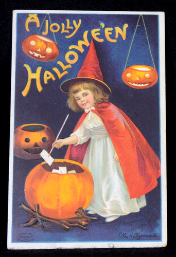 1910 ELLEN CLAPSADDLE Postcard JOLLY HALLOWEEN Girl Red Witch Hat ...