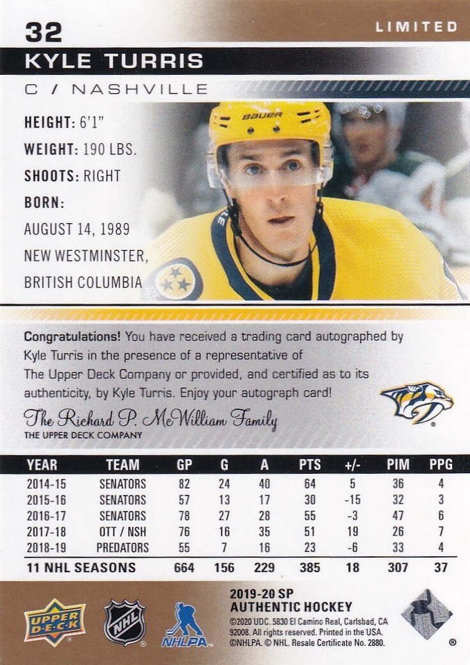 2019-20 UD SP Authentic Limited Auto #32 Kyle Turris | eBay