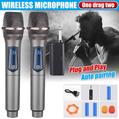 2x Wireless Microphone UHF Rechargeable Cordless Handheld Mic System ...