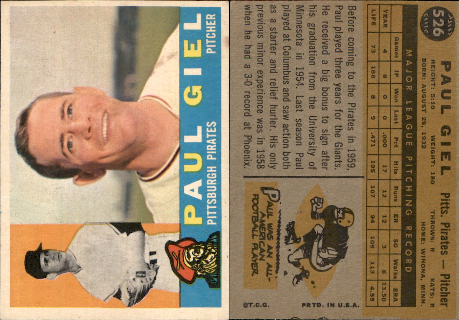 Paul Giel 1960 Topps #526 Card Pittsburgh Pirates FREE SHIP ...