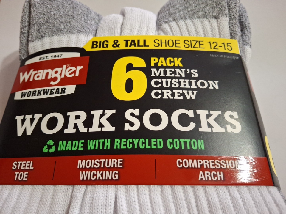 Wrangler Men's 6 Pack Cushion Crew Work Socks Big & Tall Size 12-15 ...