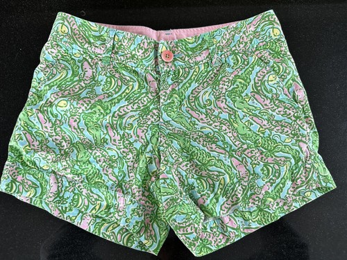 Lilly Pulitzer Callahan Bright Gator Crocodile Green Pink Cotton Shorts ...