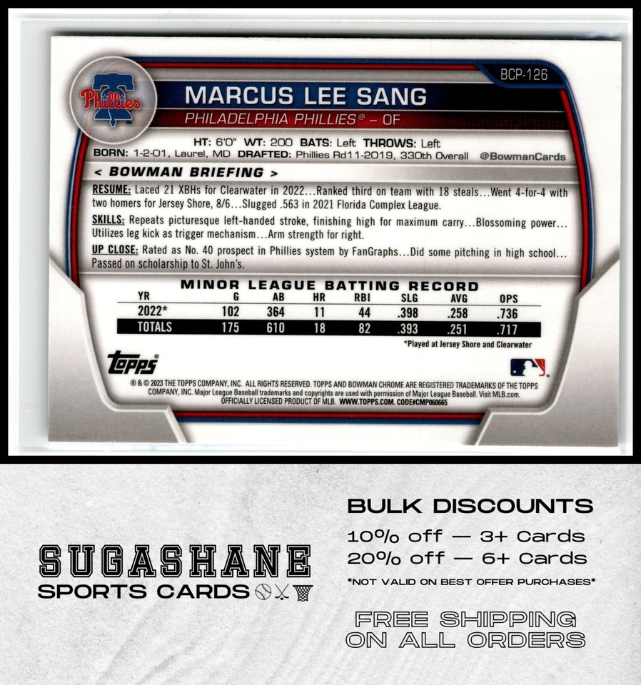 2023 1st Bowman Chrome BCP-126 Marcus Lee Sang Phillies Baseball Card ...