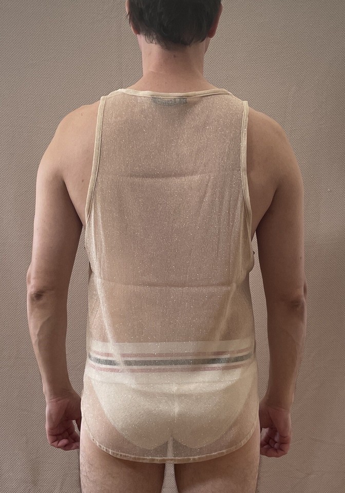 INCERUN Men's Gold Size XL Scoop Neck Sheer Mesh Metallic Pocket Tank ...