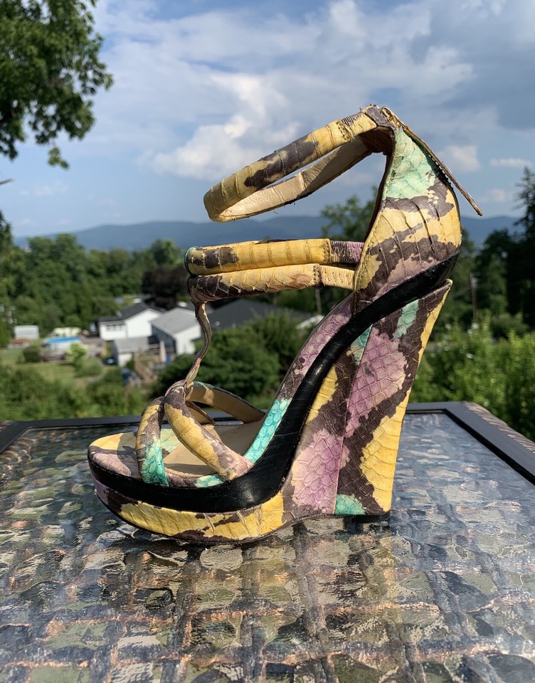 $395 Rachel Zoe Python Snake Skin Katia T Strap Rainbow Platform Wedges ...
