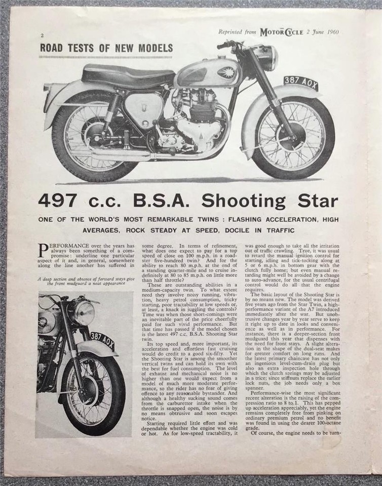 BSA 497cc SHOOTING STAR Motorcycle ROAD TEST The Motor Cycle Reprint ...