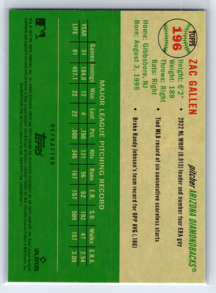 2023 Topps Chrome Platinum Anniversary Refractor #196 Zac Gallen ...