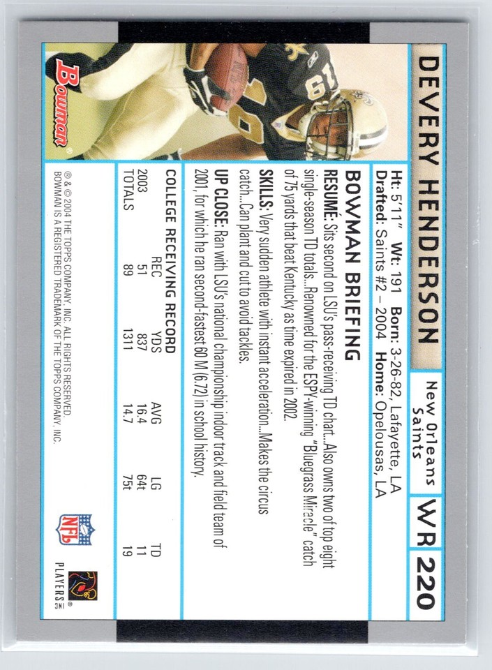 Devery Henderson 2004 Bowman RC #220 New Orleans Saints | eBay