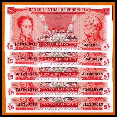 Venezuela UNC Notes Lot 5 Pieces 5 Bolivares 1989 P-70 (Currency ...