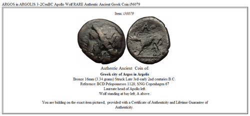 ARGOS in ARGOLIS 3-2CenBC Apollo Wolf RARE Authentic Ancient Greek Coin ...