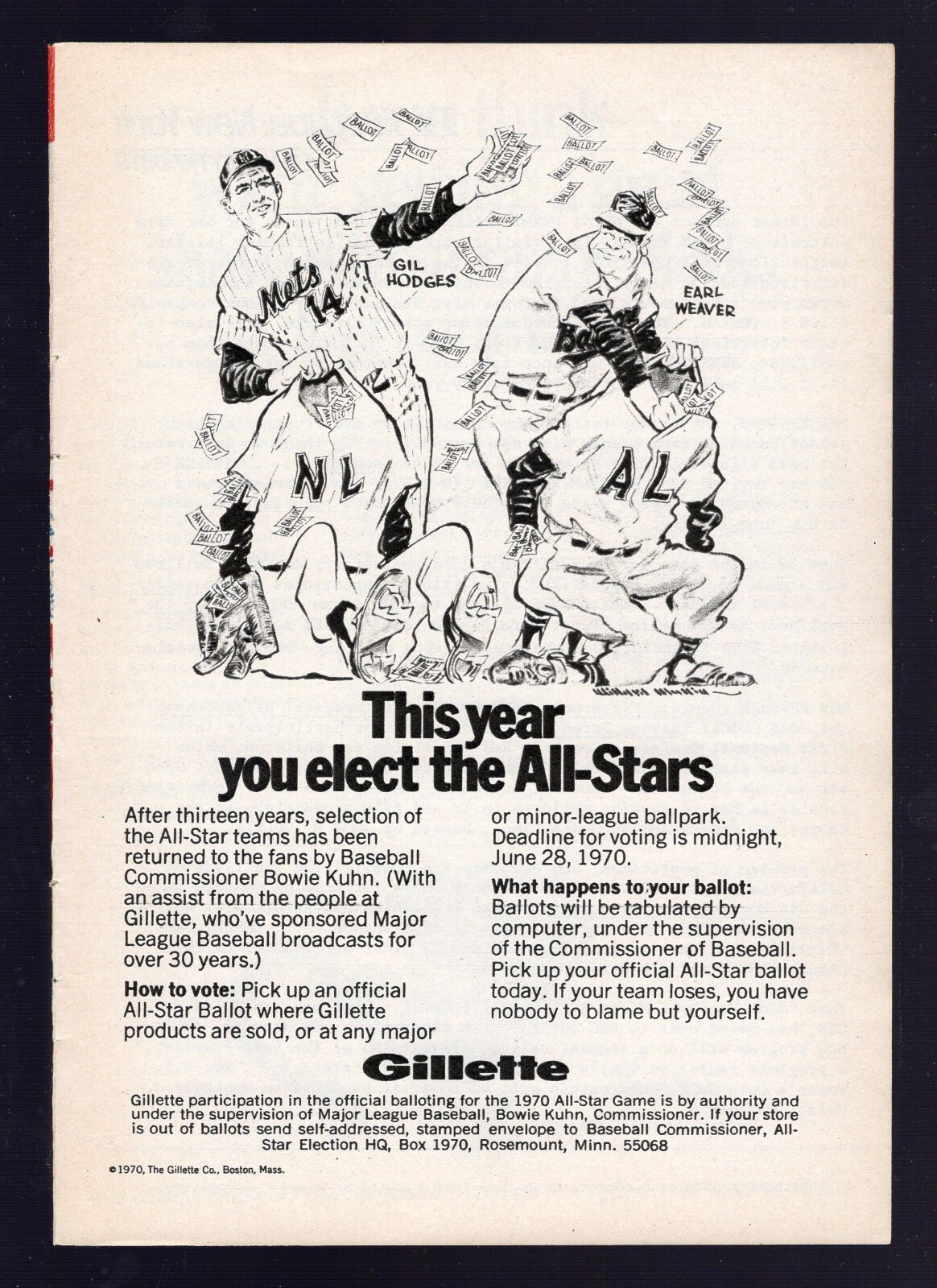 1970 AD MLB ALL STAR GAME EARL WEAVER GIL HODGES WILLARD MULLIN ...
