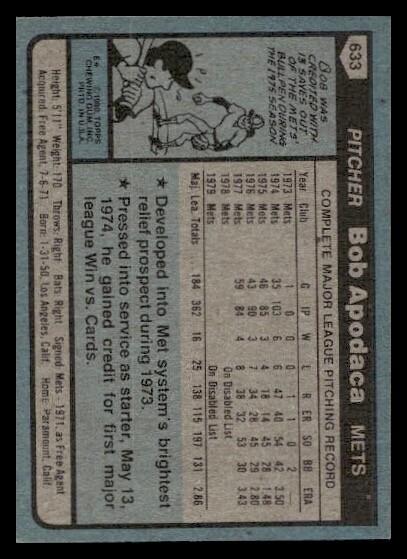 1980 Topps #633 Bob Apodaca New York Mets Baseball card | eBay