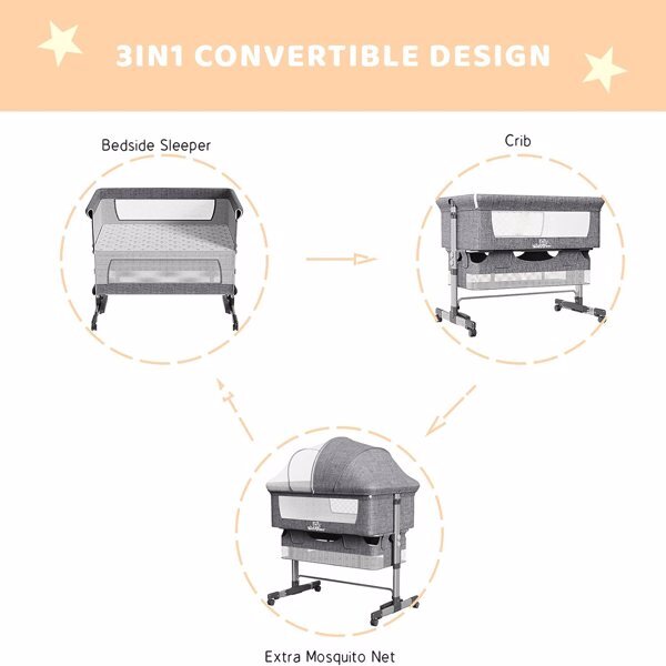 Bedside Crib for Baby 3 in 1 Bassinet with Large Curvature Cradle ...