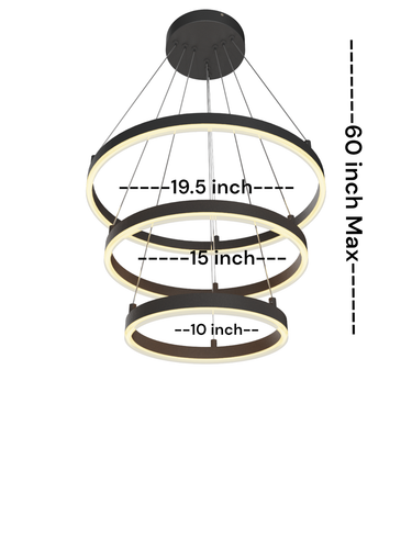 Modern LED 3 Ring Chandelier Dimmable Black Ceiling Pendant Light ...