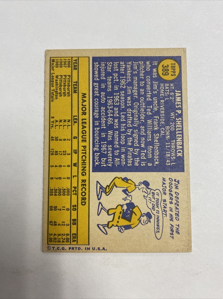 1970 Topps Baseball Jim Shellenback Washington Senators Card #389 | eBay