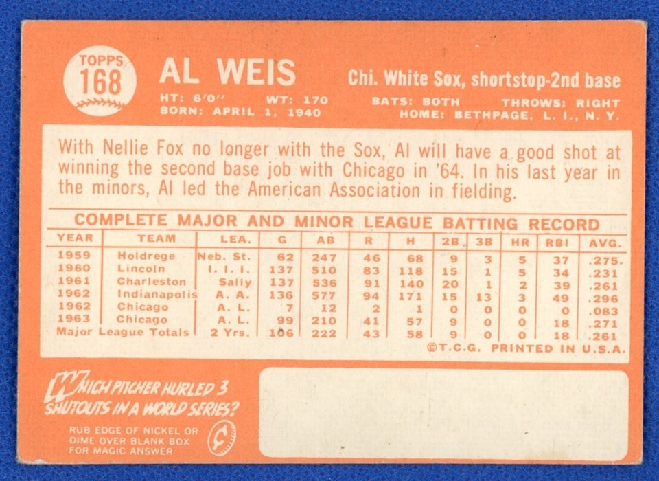 1964 Topps Baseball # 168 Al Weis Chicago White Sox VG-VGEX | eBay